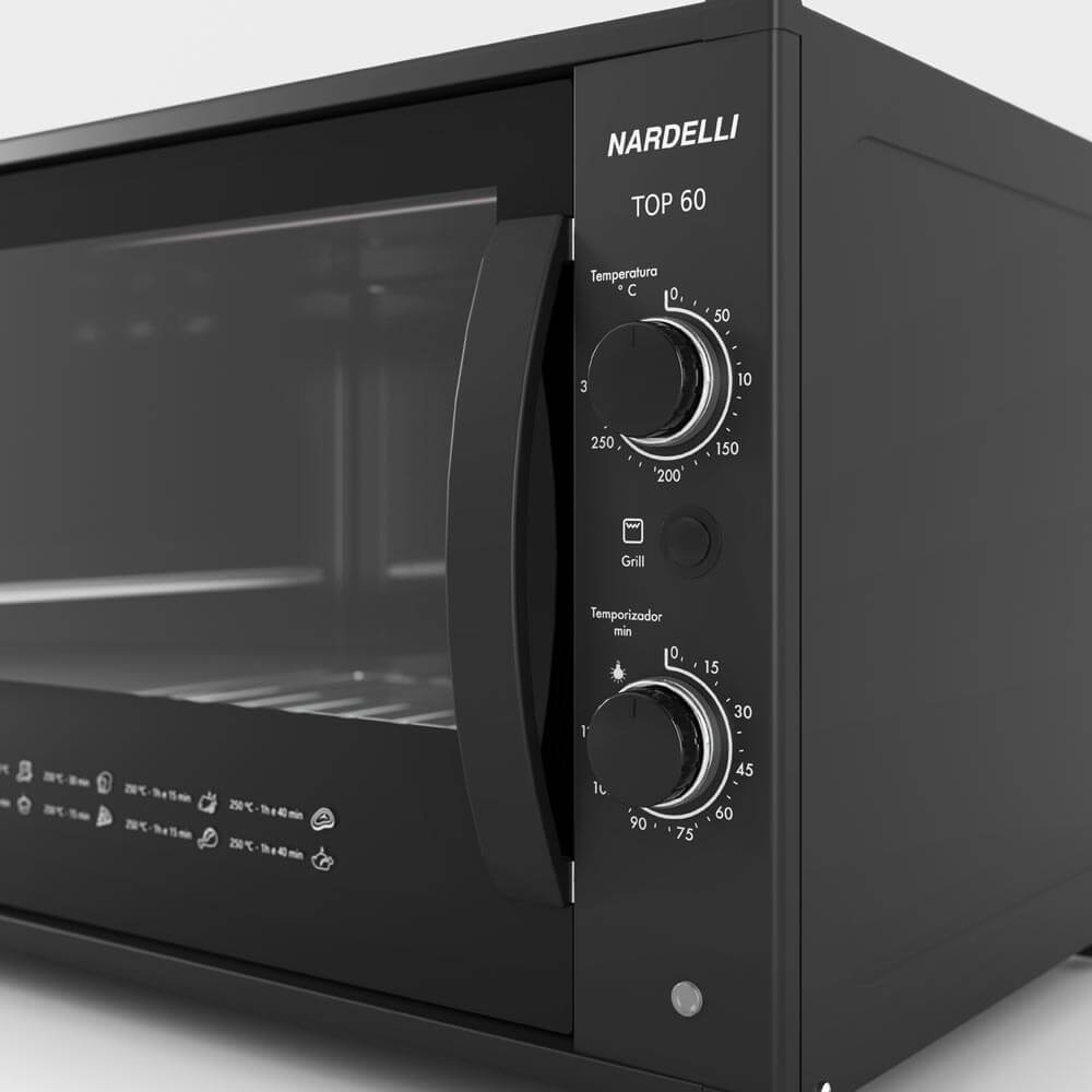 Forno Eletrico Nardelli TOP60 60L 1750W com Grelha e Funcao Dourar Preto - Moveis Linhares