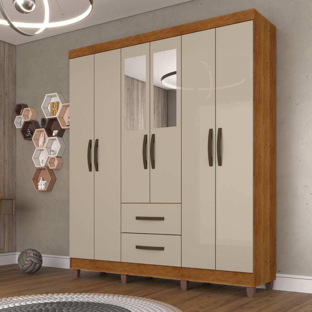 Guarda Roupa Estrela Sallêto 6 Portas com Espelho - Cinamomo/Off White - Moveis Linhares