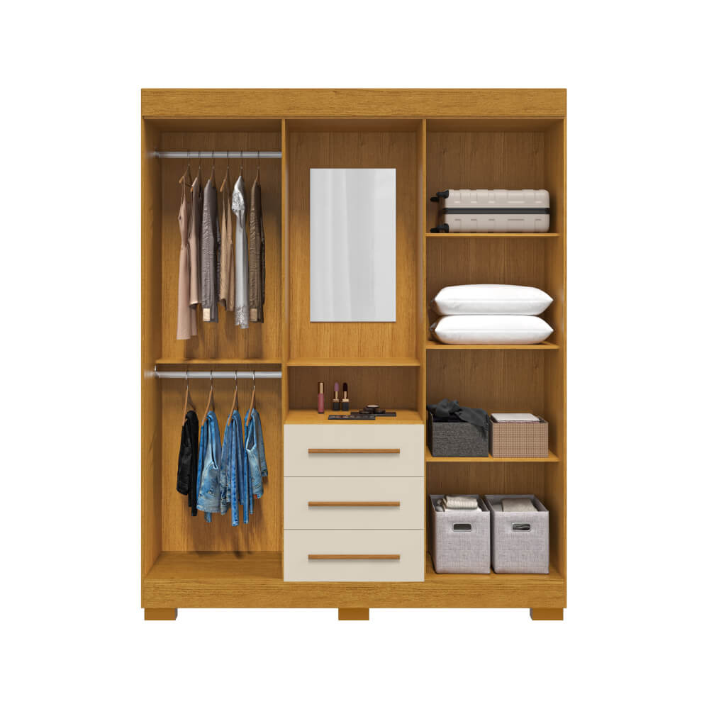 Guarda Roupa ACP Emily Gold 4 Portas com Espelho e Pés - Cinamomo/Off White - Moveis Linhares